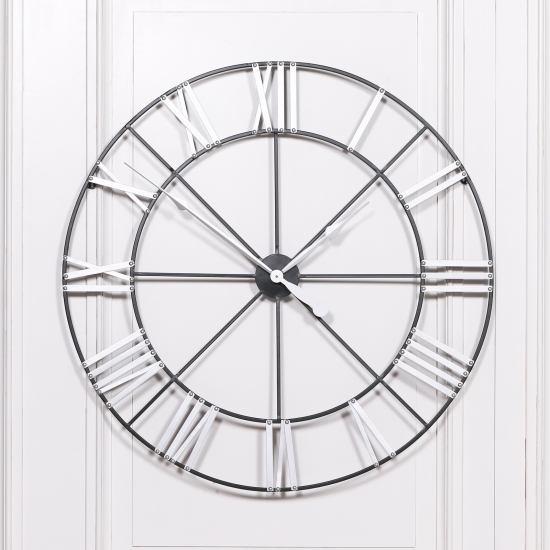 Large 102cm Metal Wall Clock with Silver Numerals - Maison Reproductions