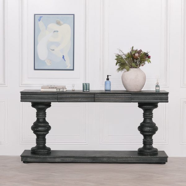 180cm Black Distressed Console Table with Drawers - Maison Reproductions